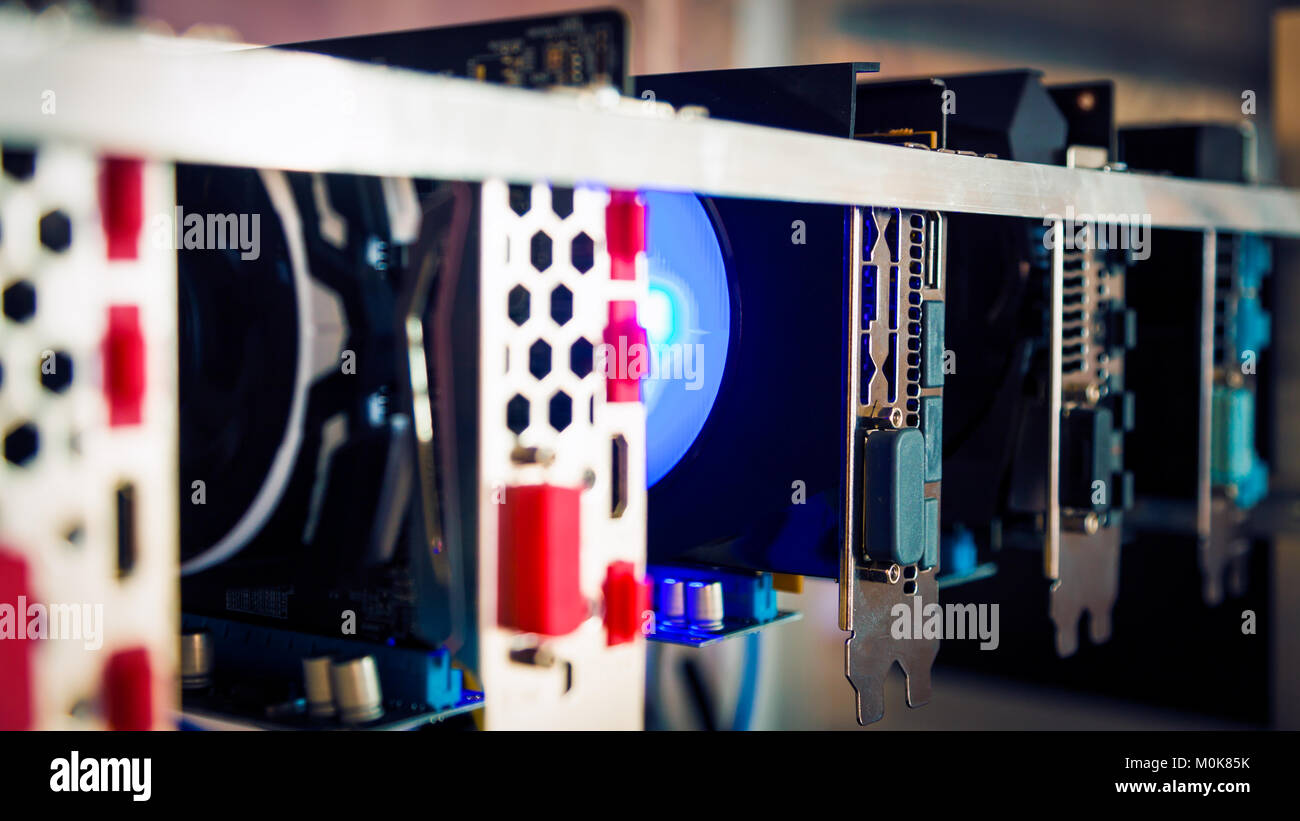 farm for mining crypto currency on video cards close-up. Device for ...