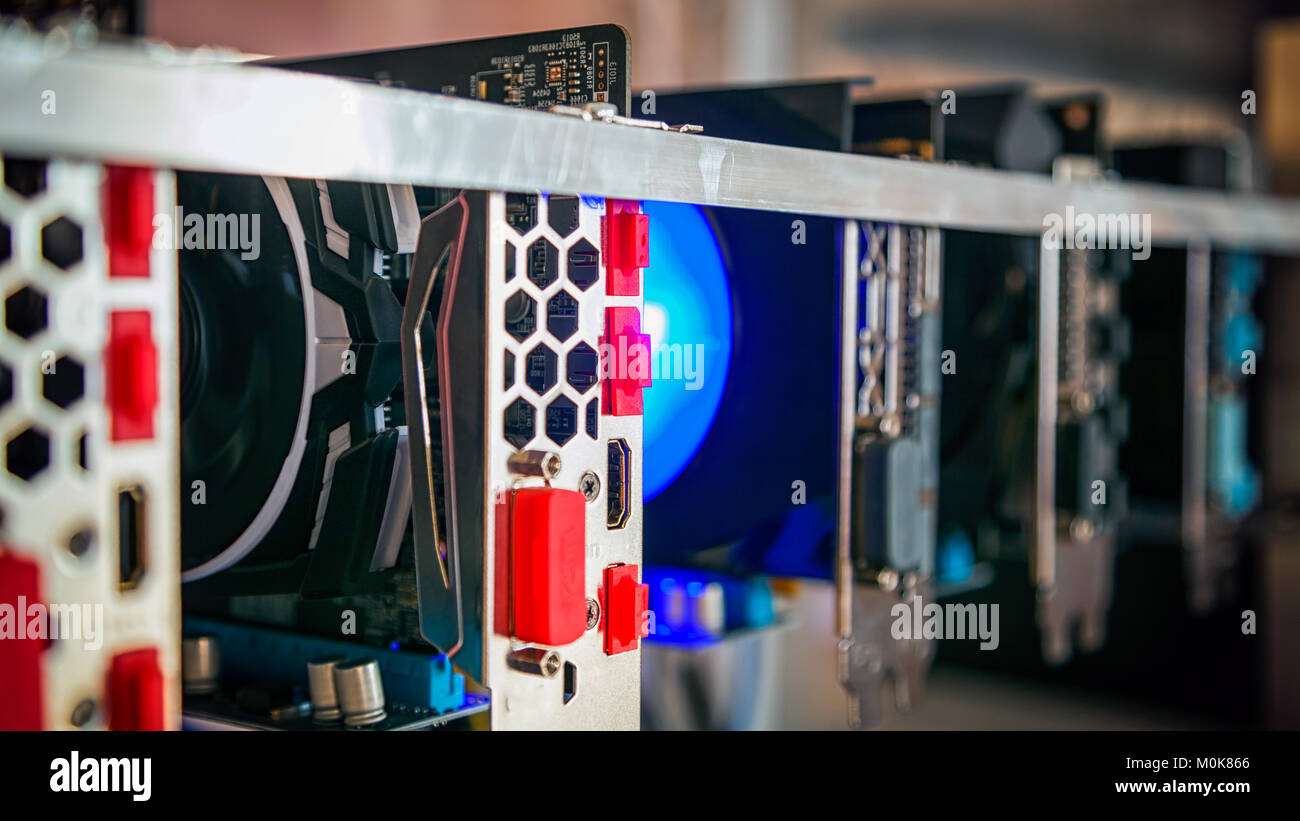 farm for mining crypto currency on video cards close-up. Device for ...