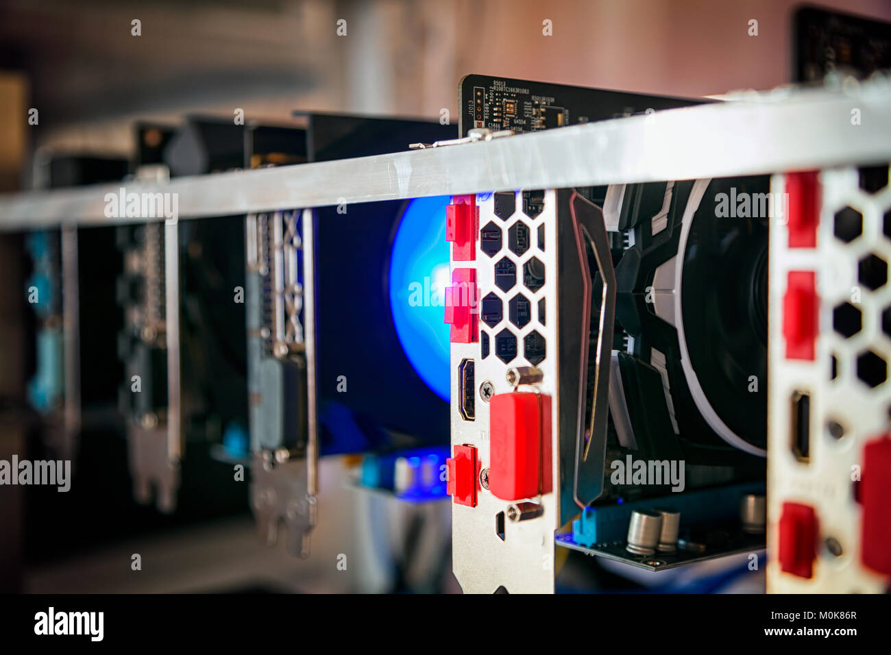 farm for mining crypto currency on video cards close-up. Device for mining crypto currency ...