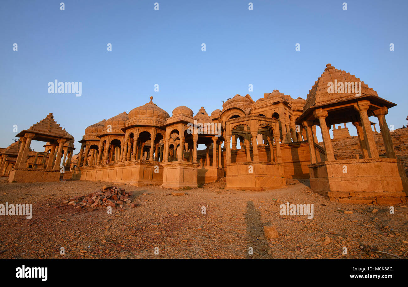 The cenotaphs of Bada Bagh at sunset, Jaisalmer, Rajasthan, India Stock ...