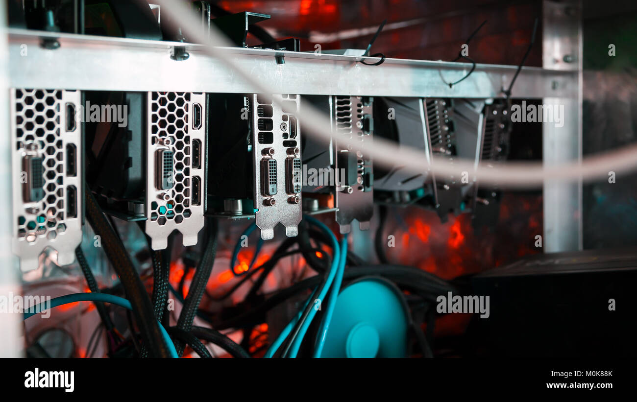 farm for mining crypto currency on video cards close-up. Device for ...
