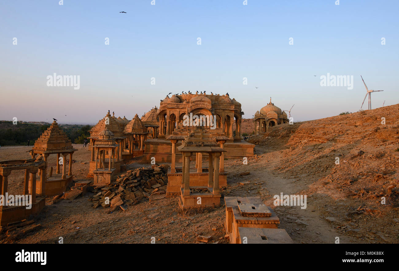 The cenotaphs of Bada Bagh at sunset, Jaisalmer, Rajasthan, India Stock ...