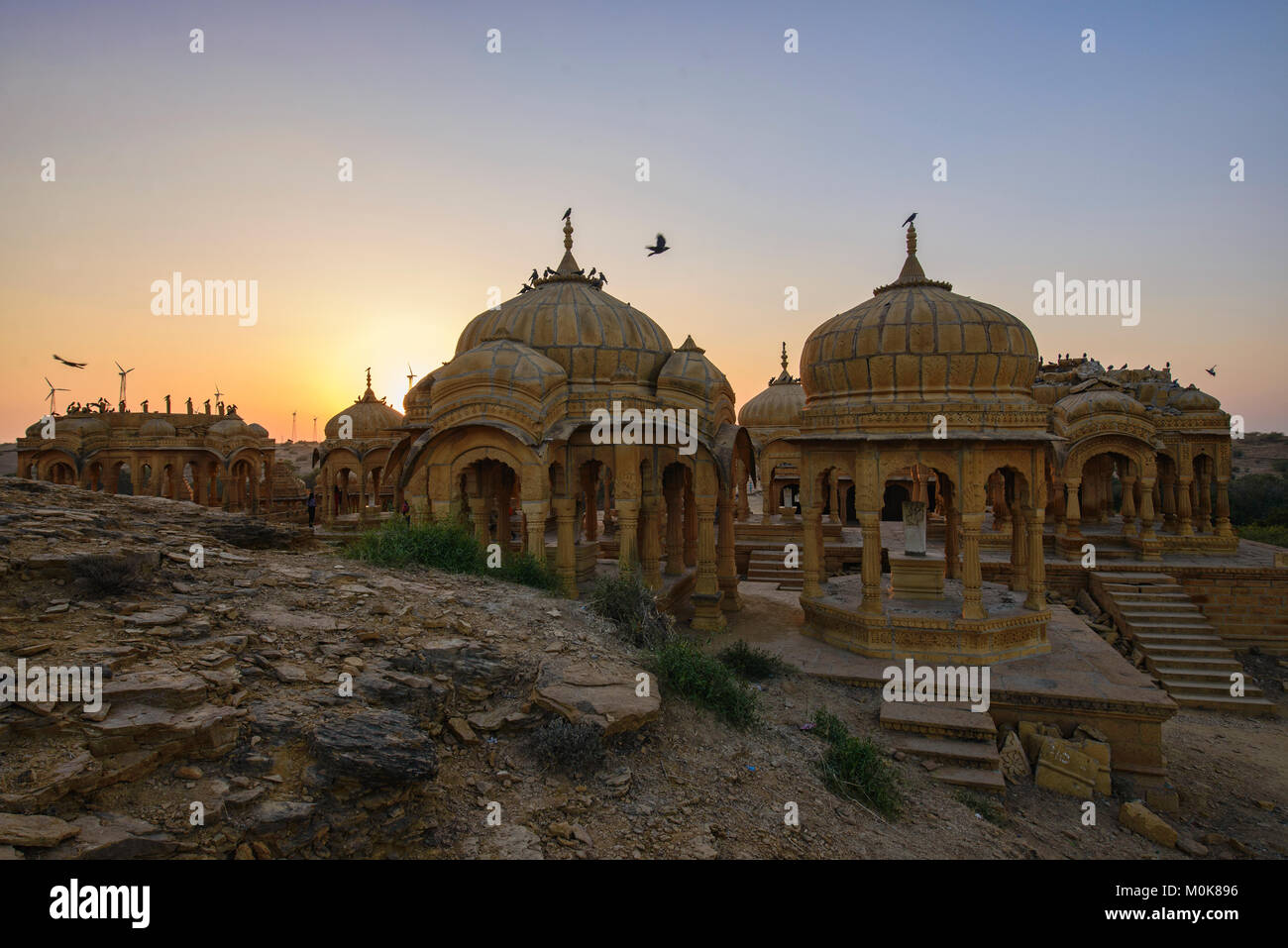 The cenotaphs of Bada Bagh at sunset, Jaisalmer, Rajasthan, India Stock ...