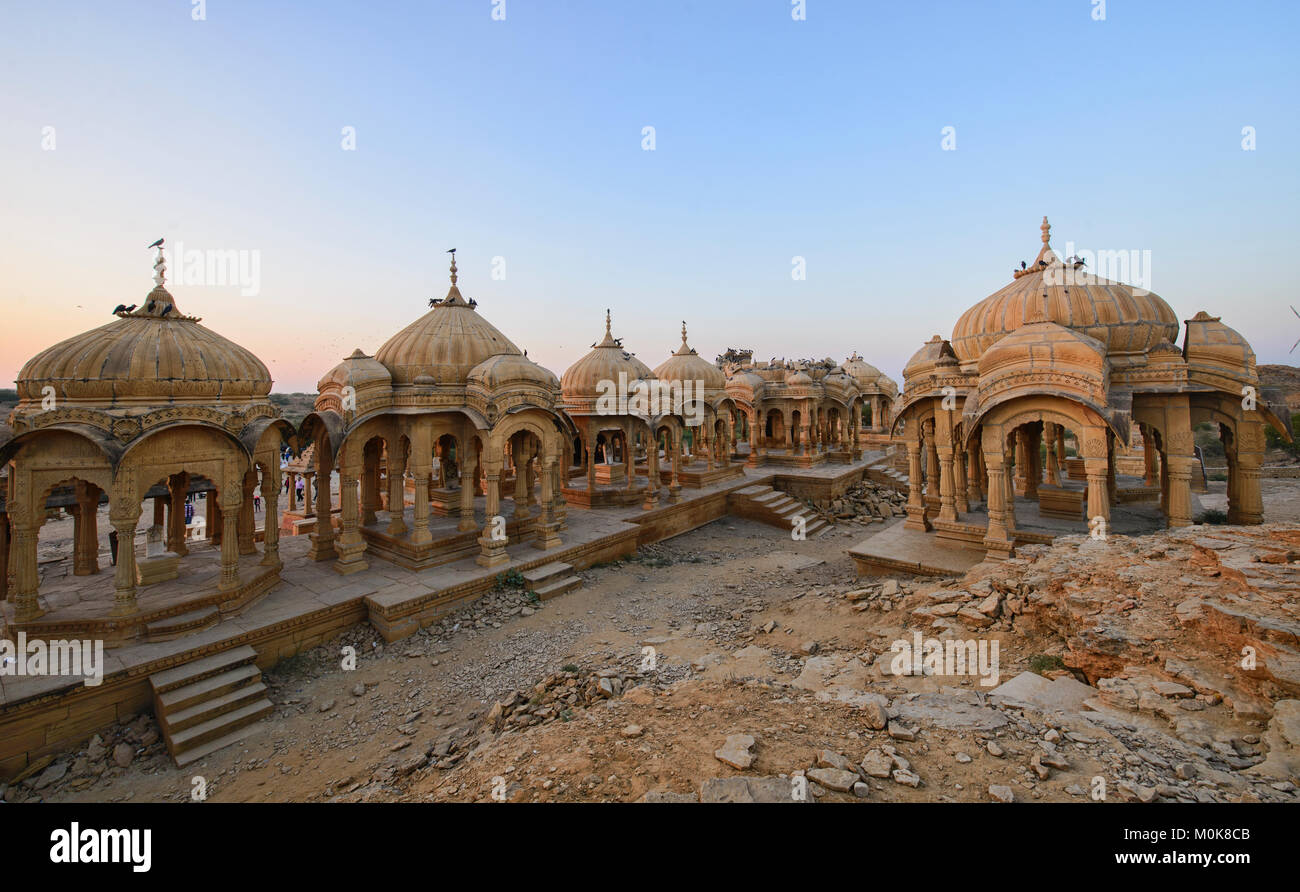 The cenotaphs of Bada Bagh at sunset, Jaisalmer, Rajasthan, India Stock ...