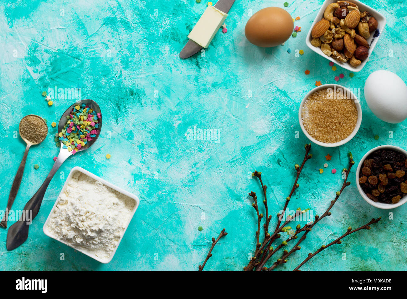 Ingredients for Easter baking - sprinkling confectionery, nuts, eggs ...