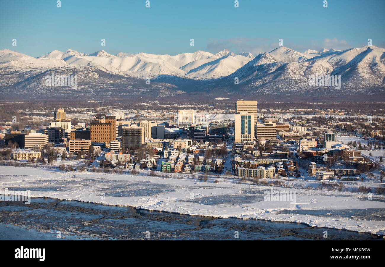 Aerial view of snow covering downtown Anchorage and the Chugach ...