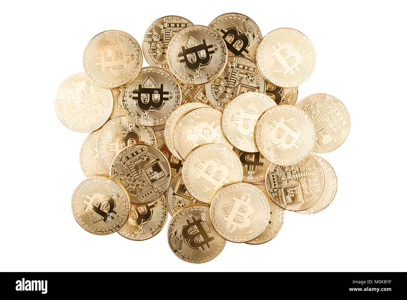 horizontal top view of pile of golden bitcoins isolated on white ...