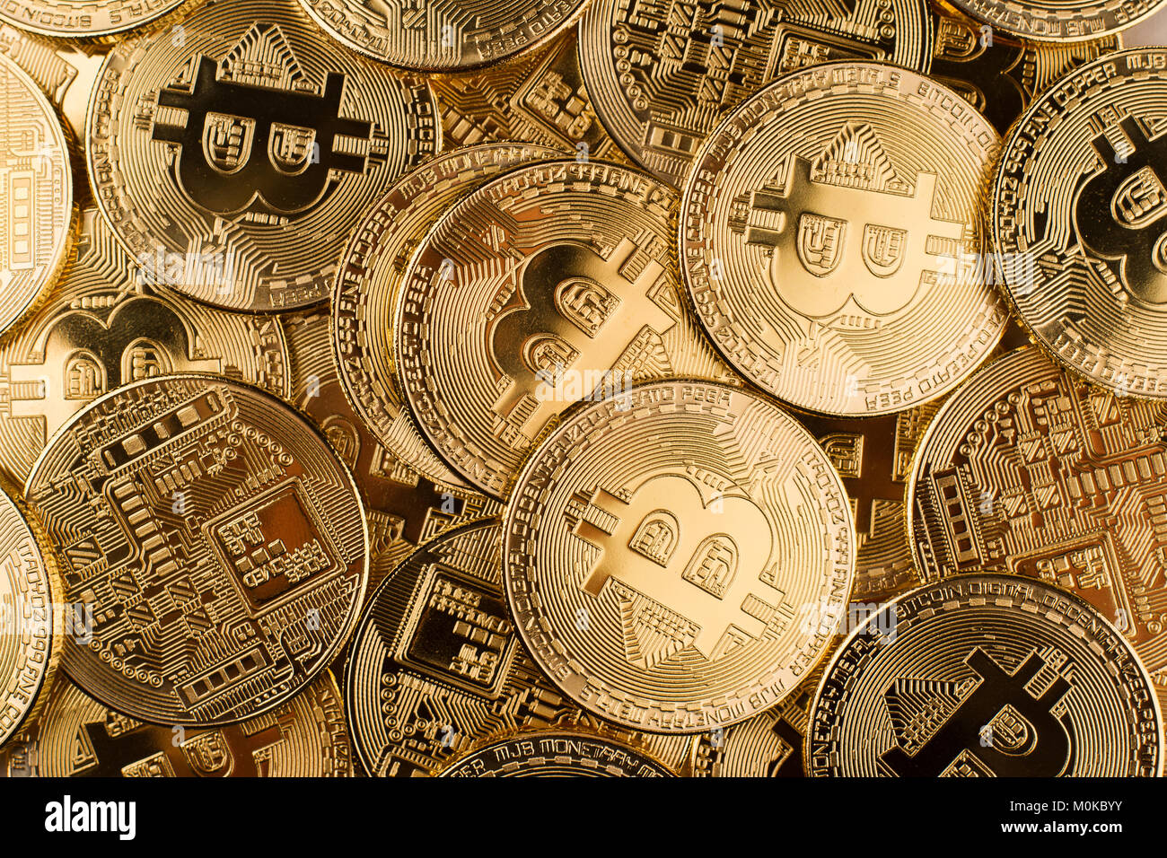 horizontal top view pile of many golden bitcoins background texture ...