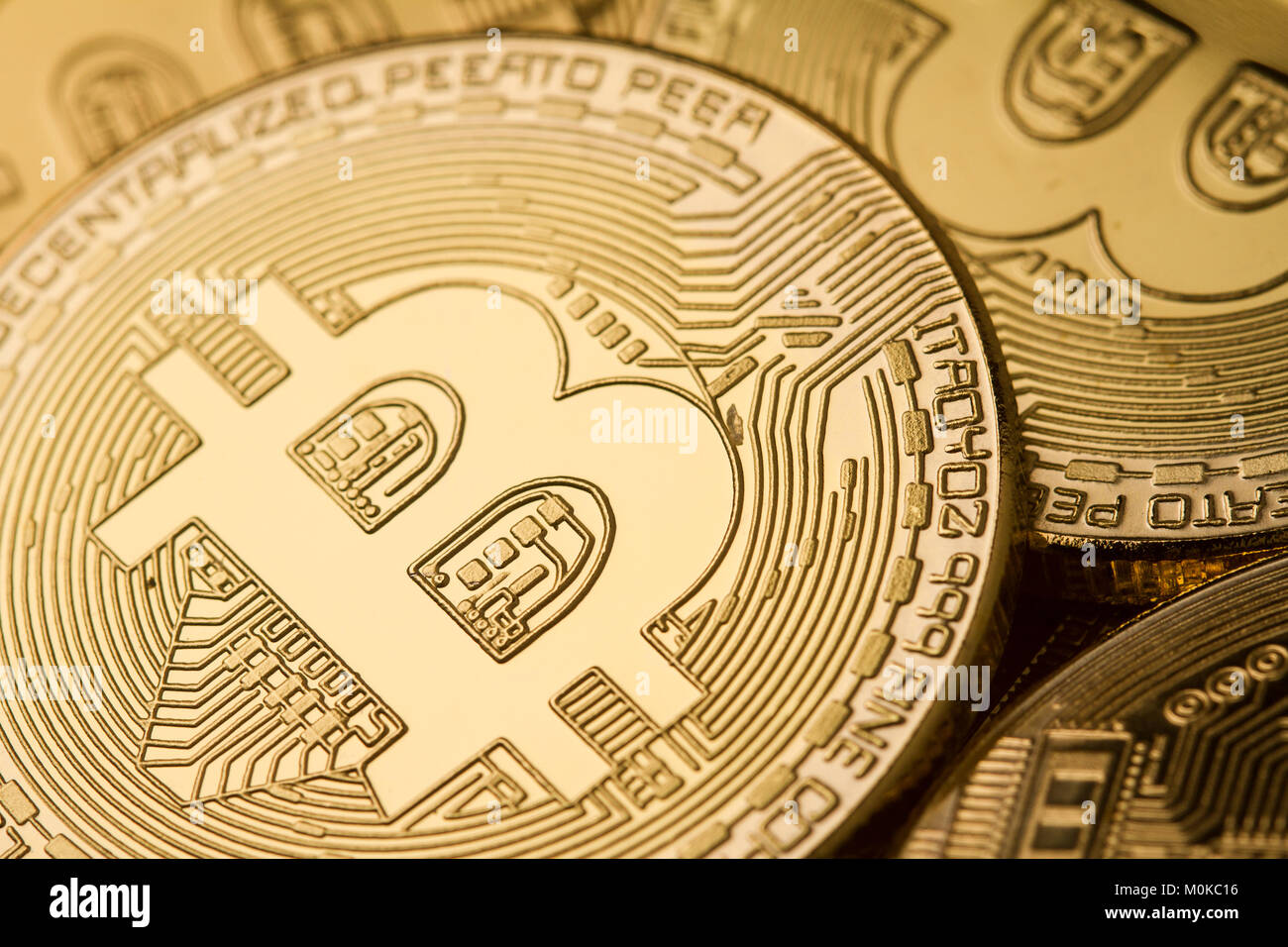 horizontal top view closeup pile of many golden bitcoins background ...