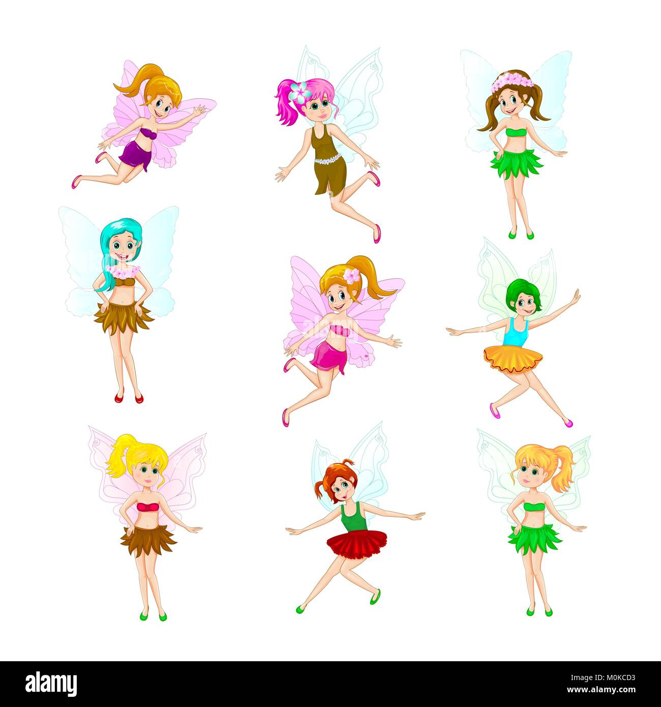 Lovely little fairies. Cartoon fairies in various clothes on a white ...