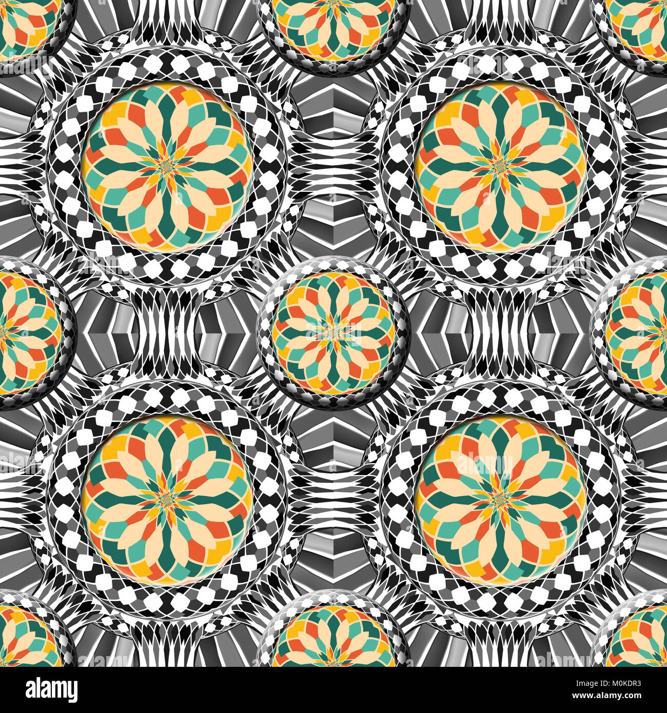 Beveled complex geometric pattern with colorful elements on a black and ...