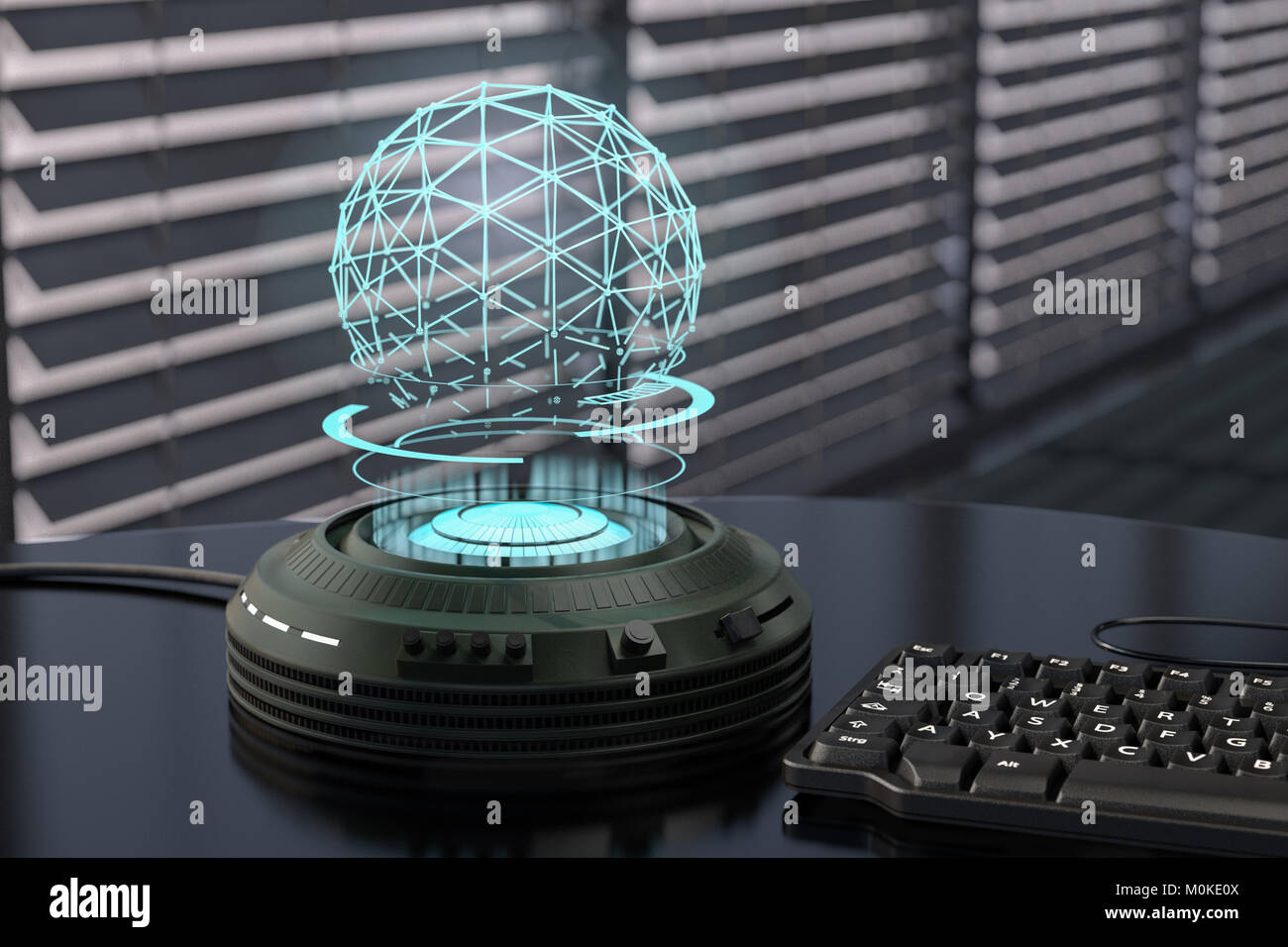 a holo projector projects a shimmering blue sphere(3d rendering Stock ...