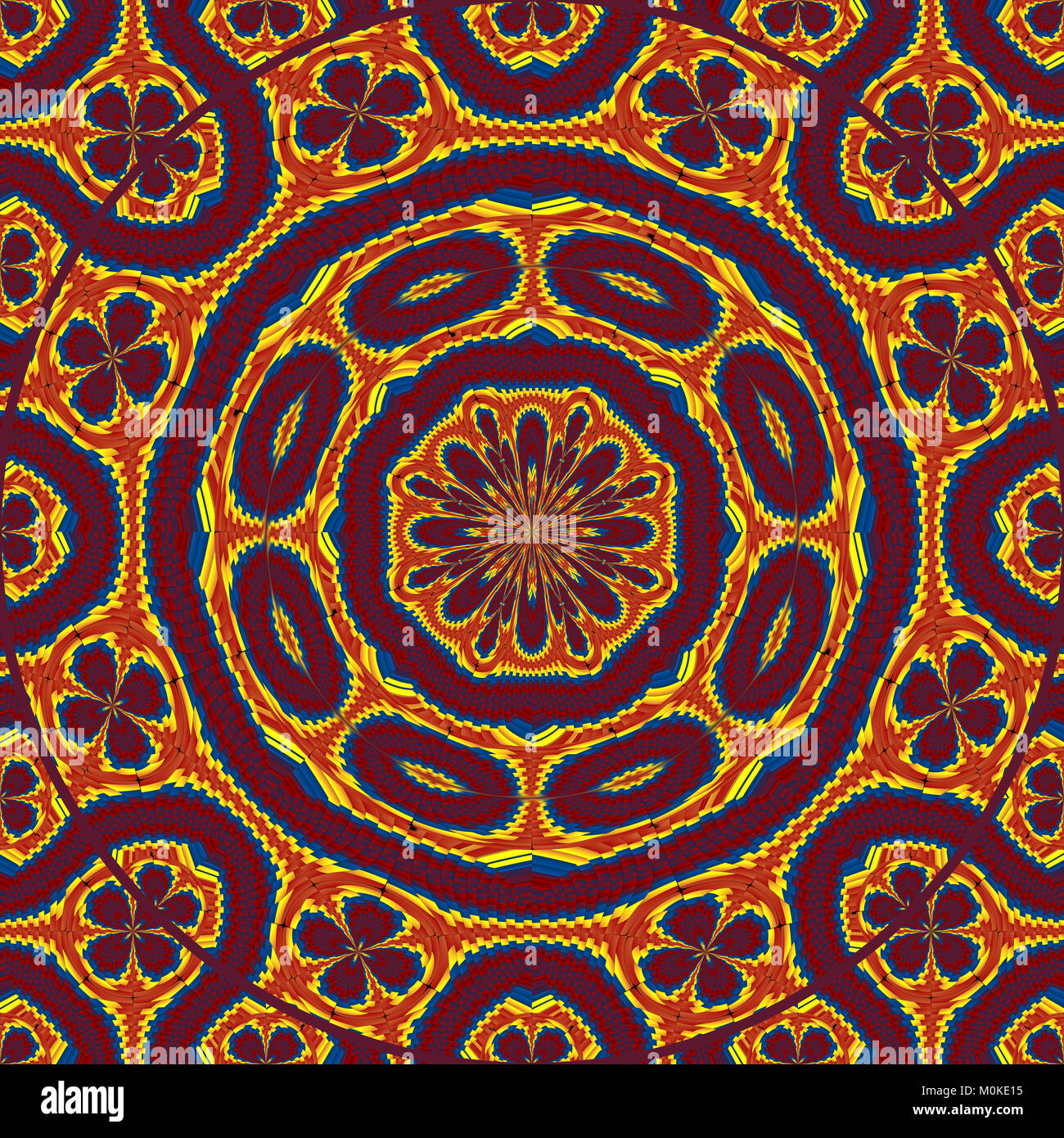 Tapestry-like algorithmic geometric digital art in blue, red and yellow ...