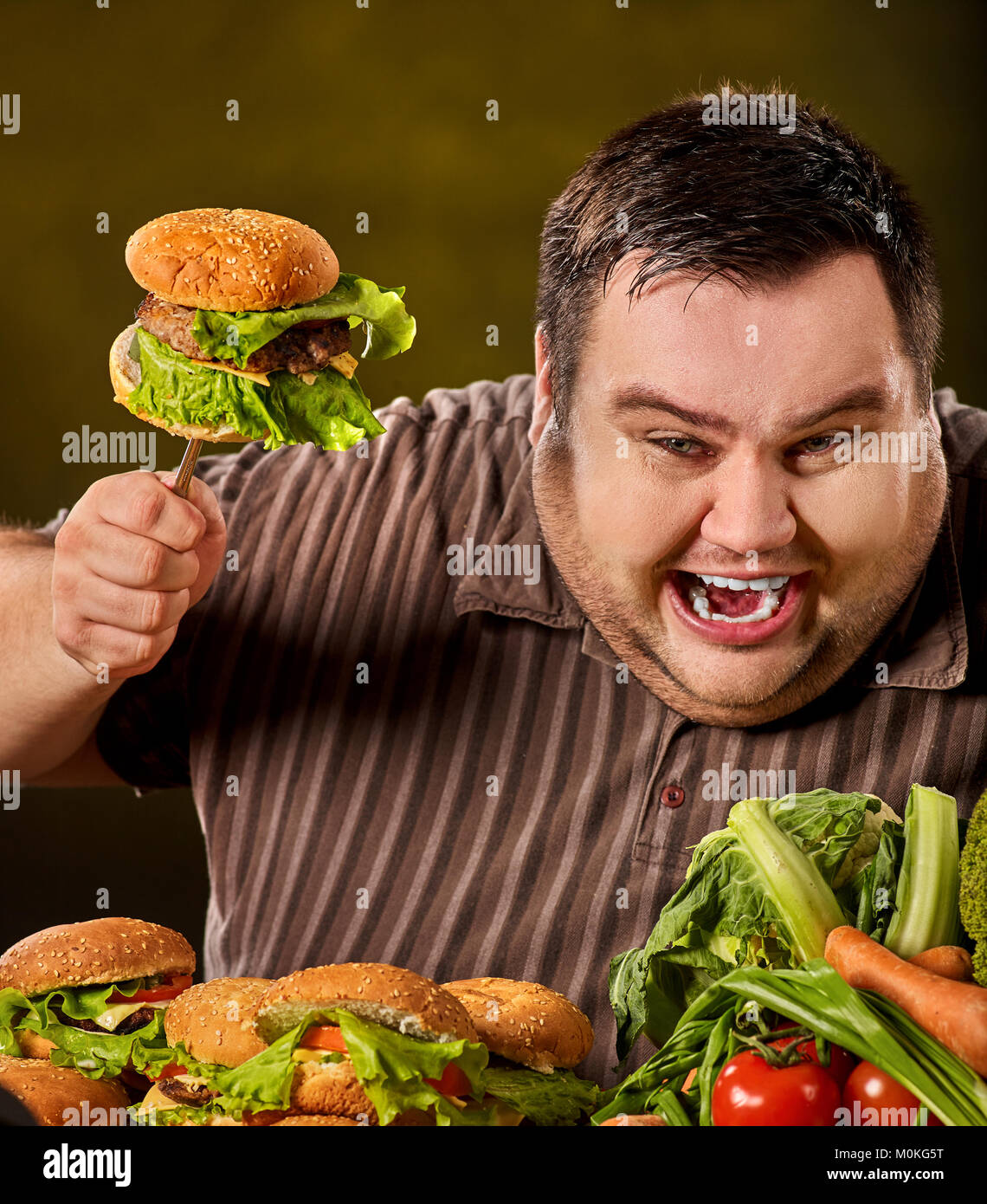 Fat Man Eating Fast Food Hamberger Breakfast For Overweight Person