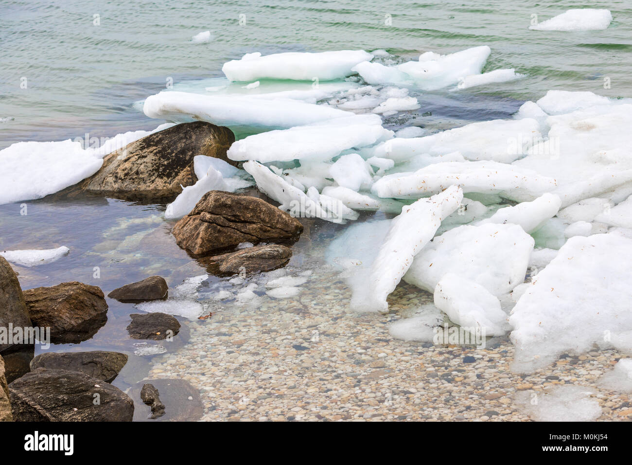 shoreline with chunks of frozen ice, shells, rocks and salt water Stock ...