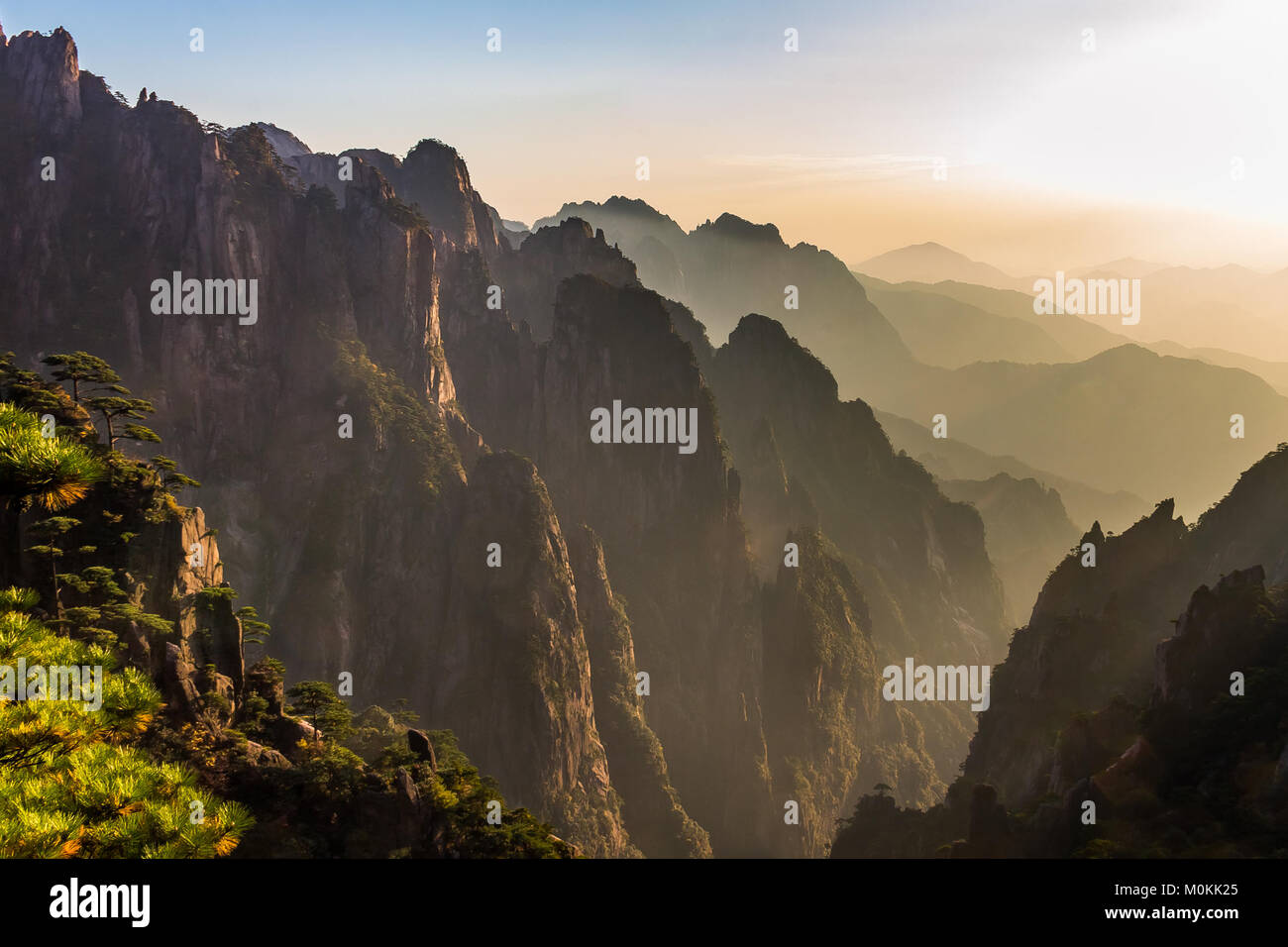 Sunset from the Cloud dispelling Pavilion on Mt Huangshan, Yellow Mountain, Anhui, China. Mt ...