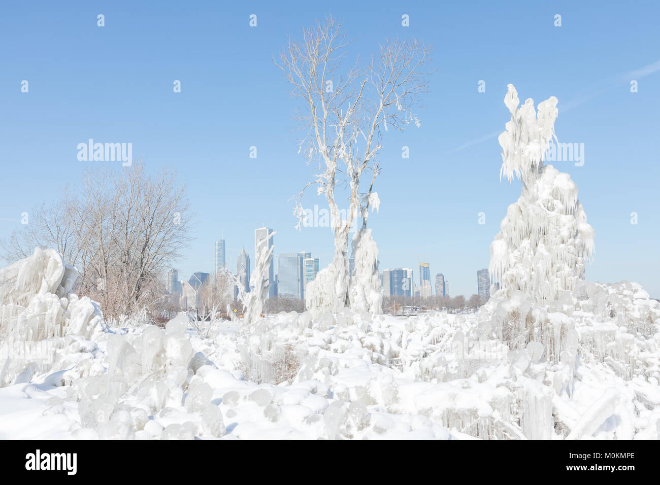 Frozen trees covered in ice by the lake Michigan in Chicago downtown ...