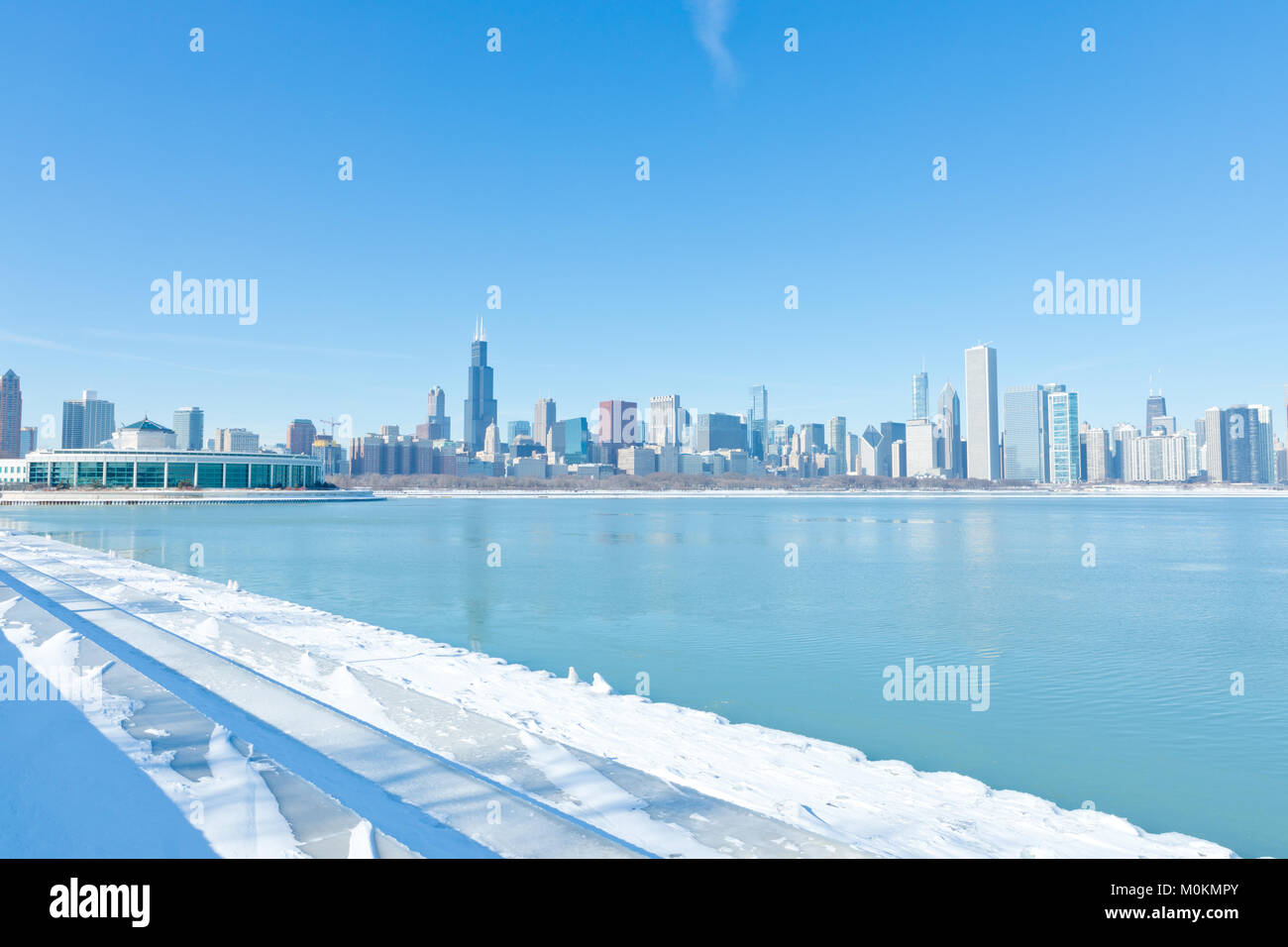 Frozen trees covered in ice by the lake Michigan in Chicago downtown ...