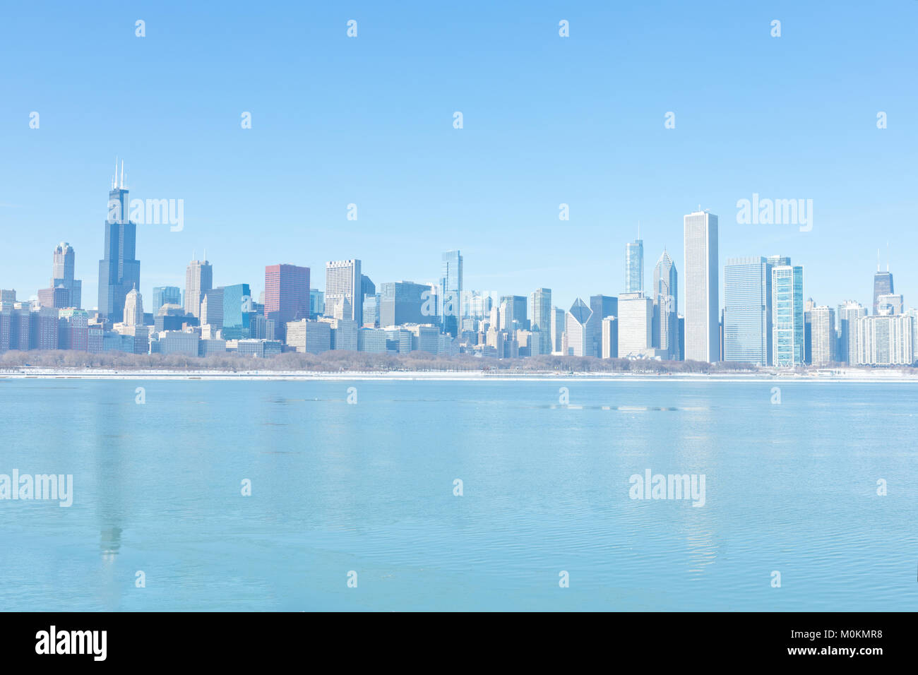 Frozen trees covered in ice by the lake Michigan in Chicago downtown ...