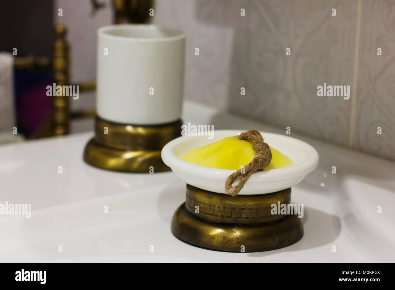 Figure soap in soap dish in elegant bathroom Stock Photo - Alamy