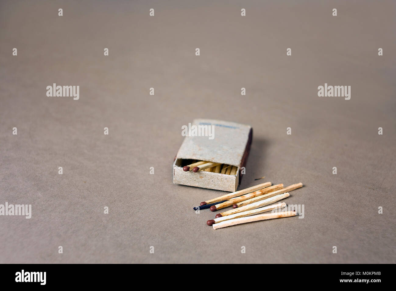 Studio closeup of a matchbox with matches spread out around Stock Photo ...