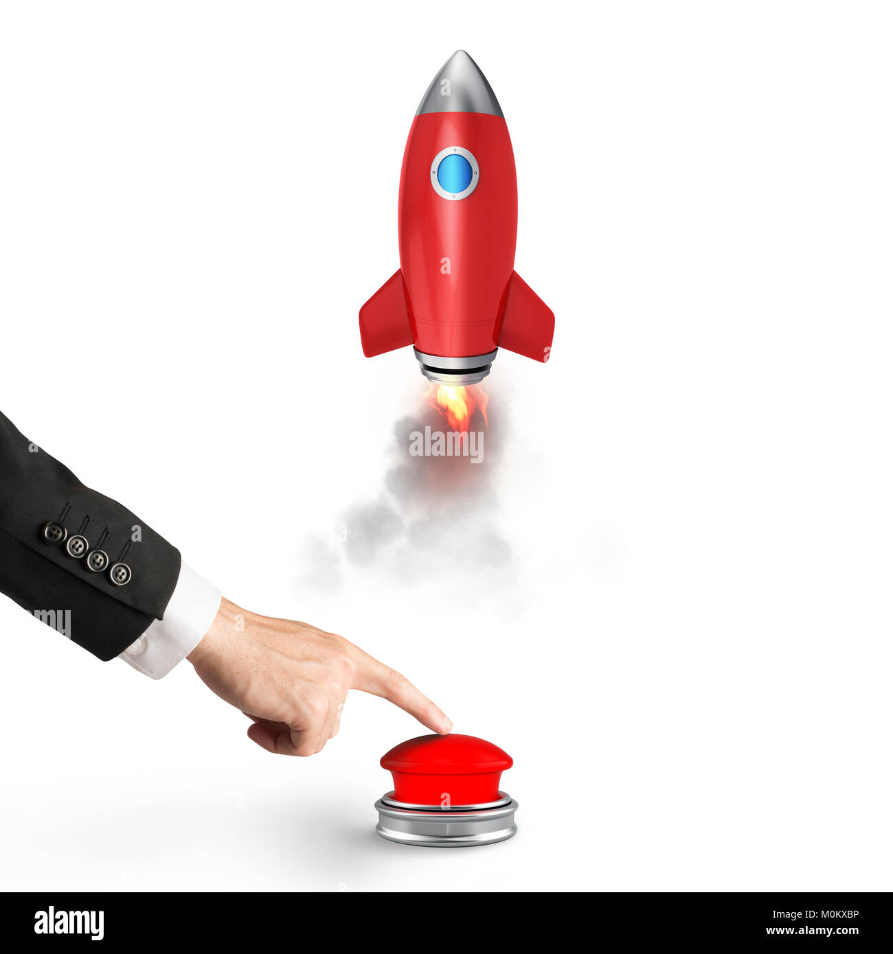 Businessman launches rocket pushing a red button. 3D Rendering Stock ...