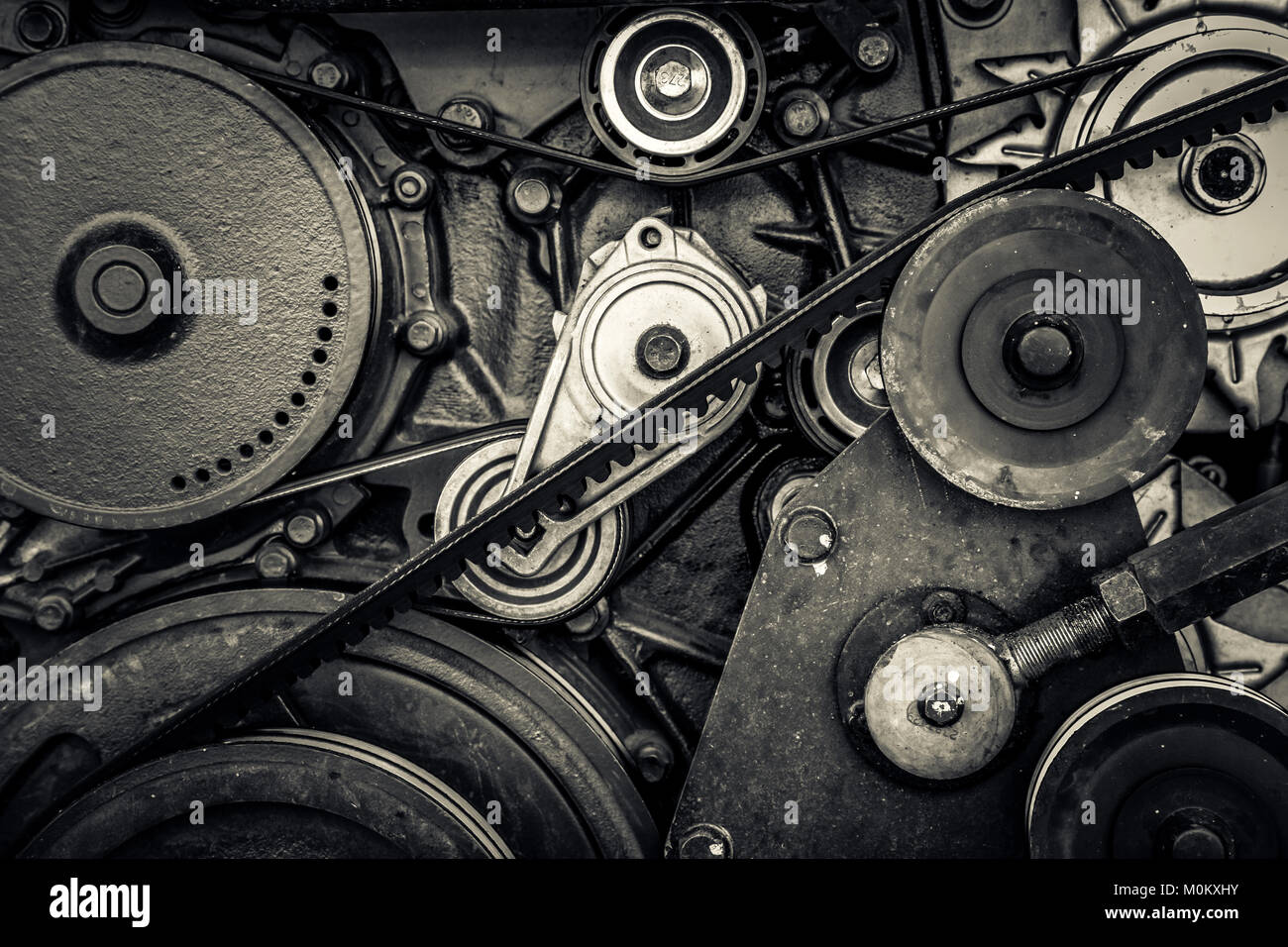 close-up car engine, internal combustion engine. black and white photo ...