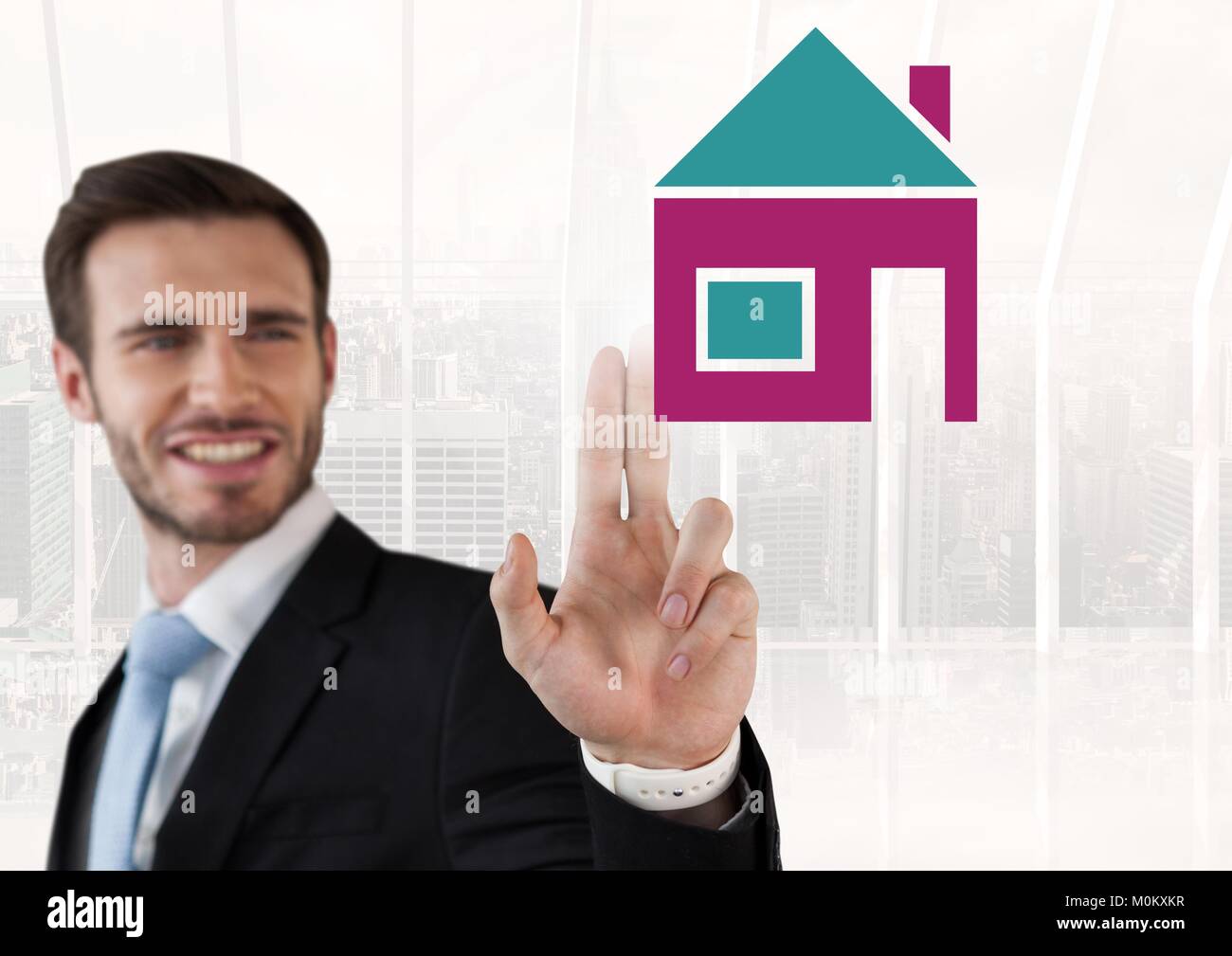 Businessman touching house icon Stock Photo - Alamy