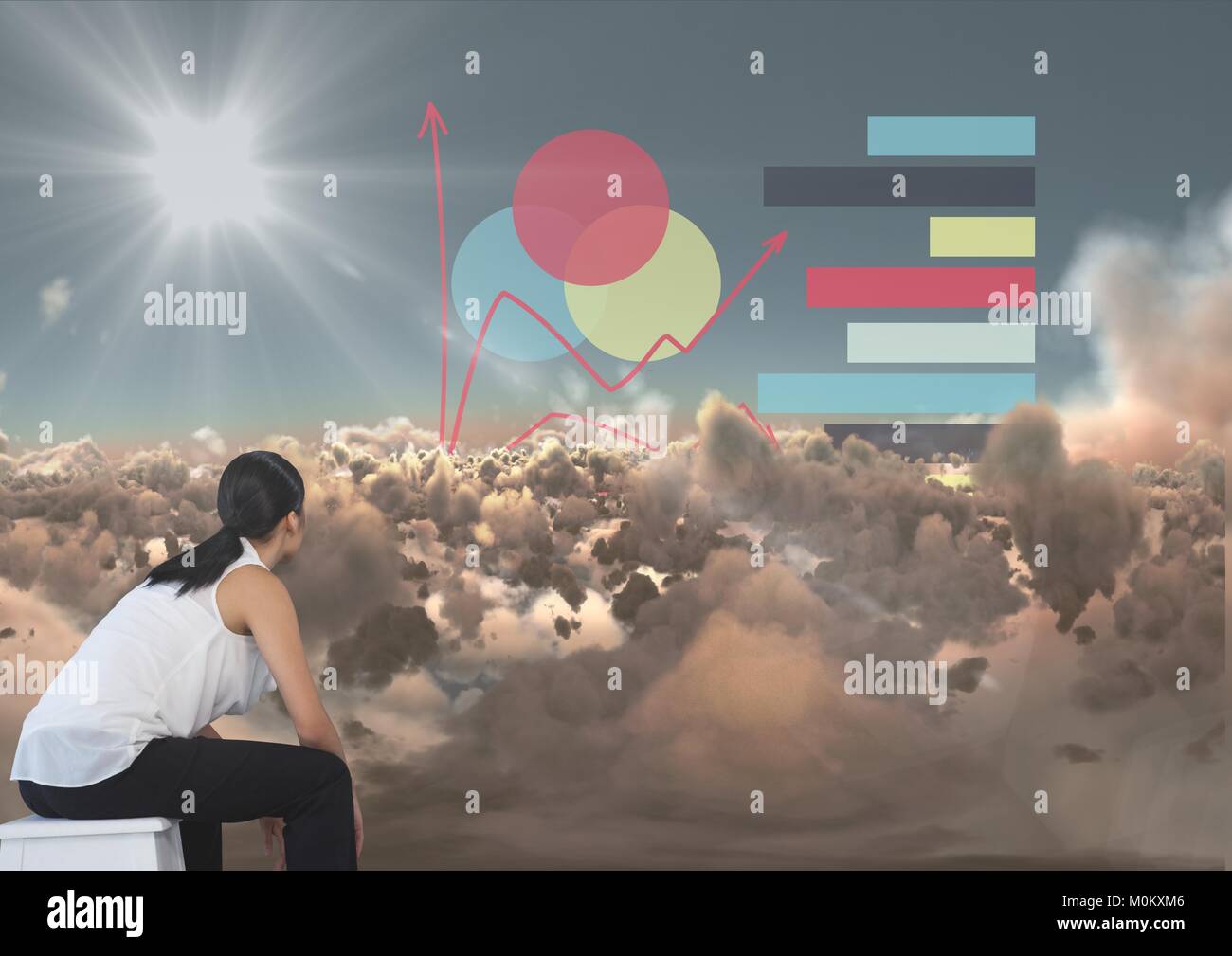 Woman looking out over clouds at graphs and data Stock Photo - Alamy