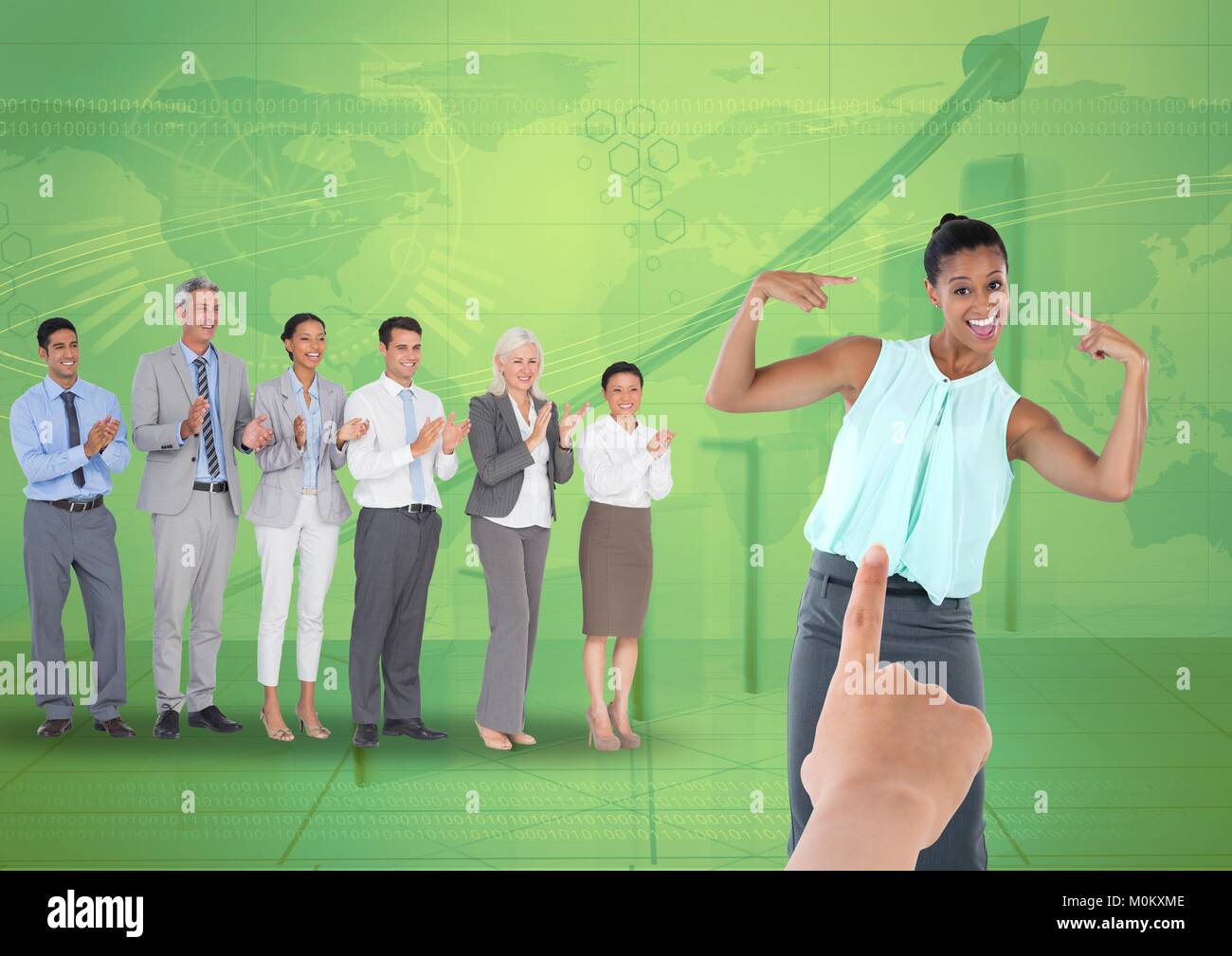 Hand choosing a business woman on green background with graph and ...