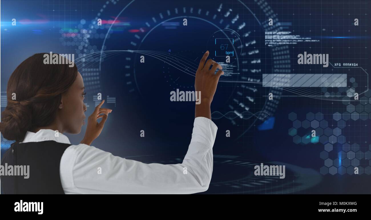 Woman touching dark blue interface Stock Photo - Alamy