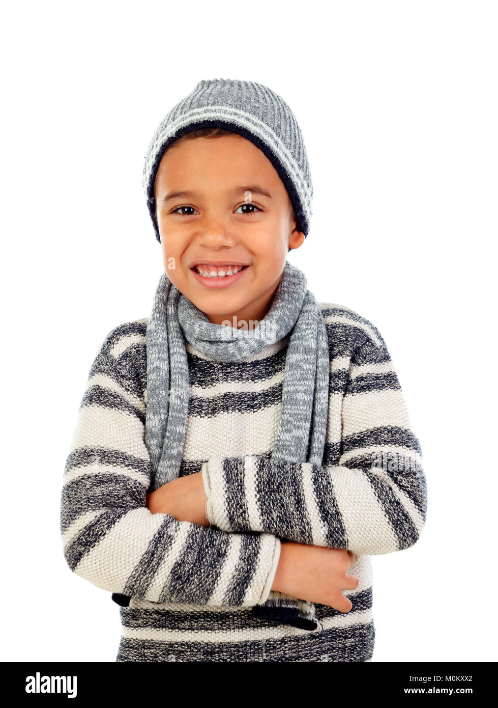 Beautiful child with wool scarf isolated on a white background Stock ...