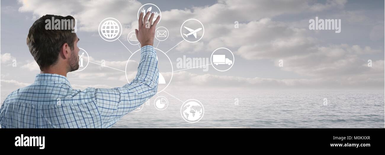 Man touching white interface Stock Photo - Alamy