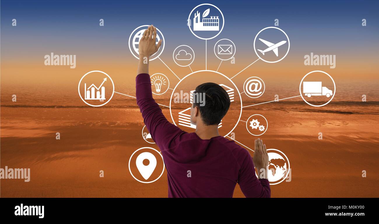 Man touches interface with back background Stock Photo - Alamy