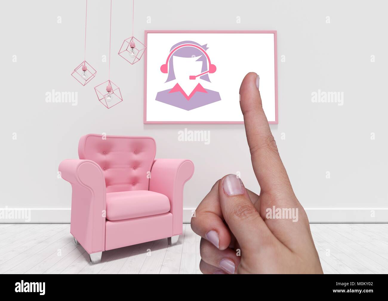 Hand pointing with customer service headset woman icon Stock Photo - Alamy