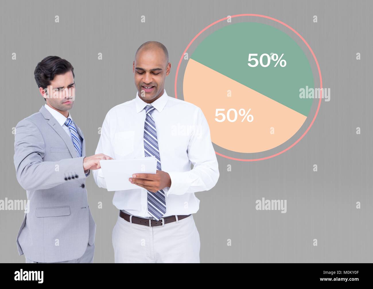 Men with colorful chart statistics 50 percent half Stock Photo - Alamy