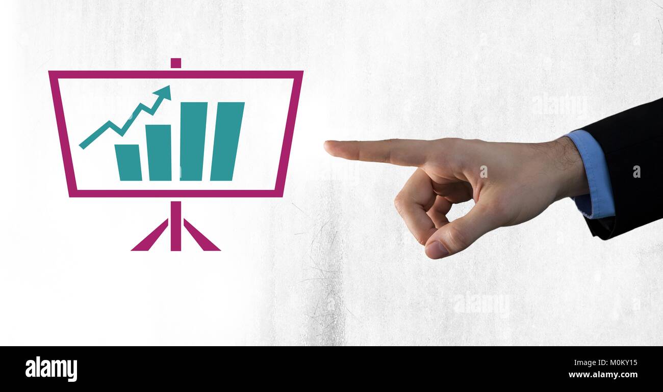 Hand pointing with Business chart statistics icons Stock Photo - Alamy