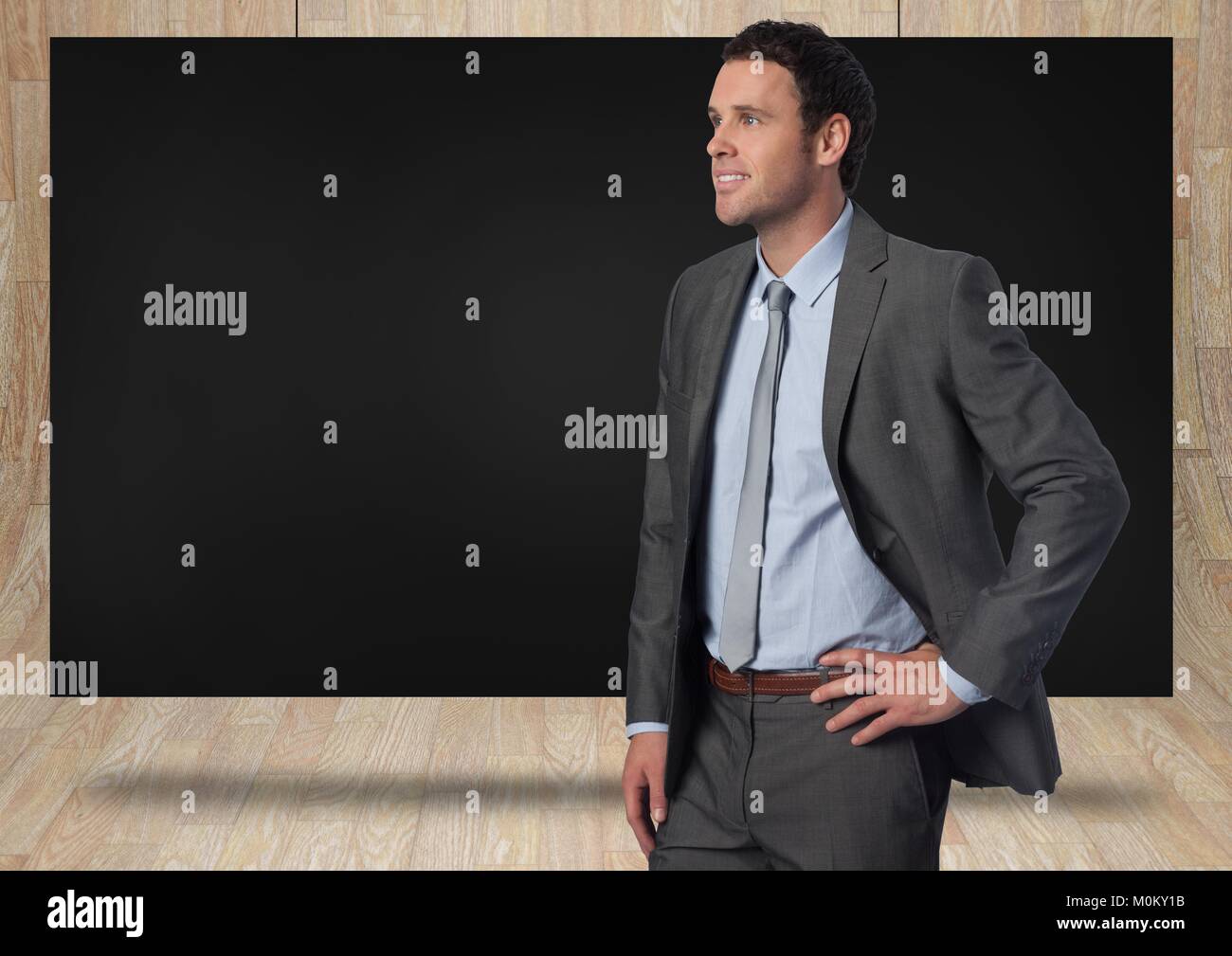 Businessman and black screen Stock Photo - Alamy