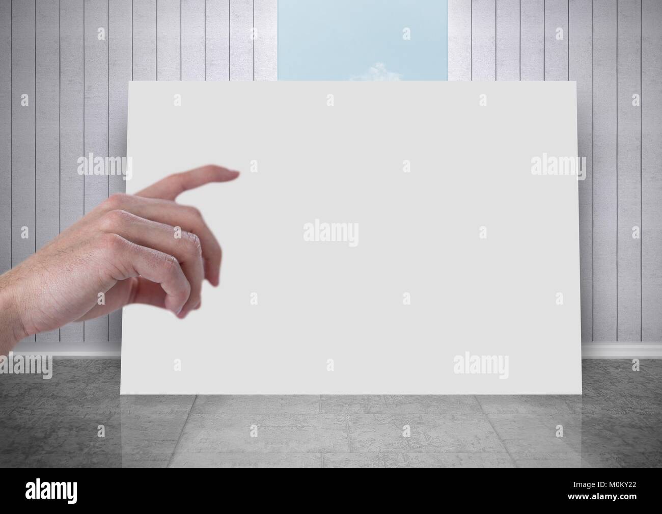 Hand pointing at white board Stock Photo - Alamy
