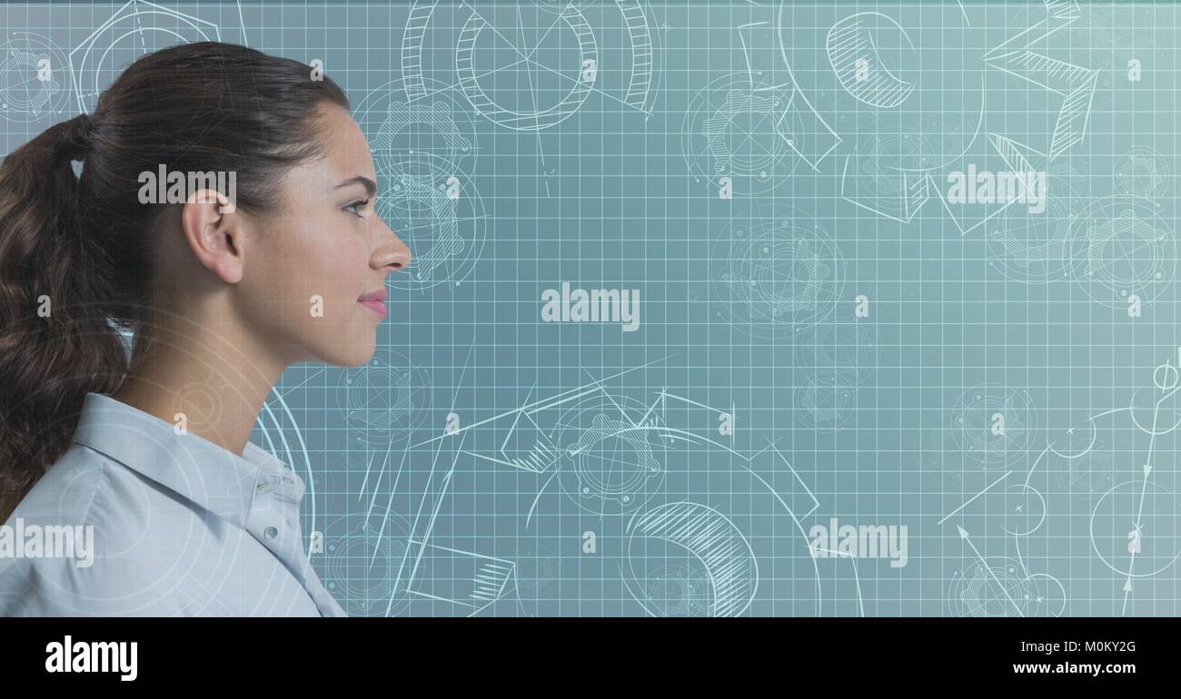 Women facing forward with cogs background Stock Photo - Alamy