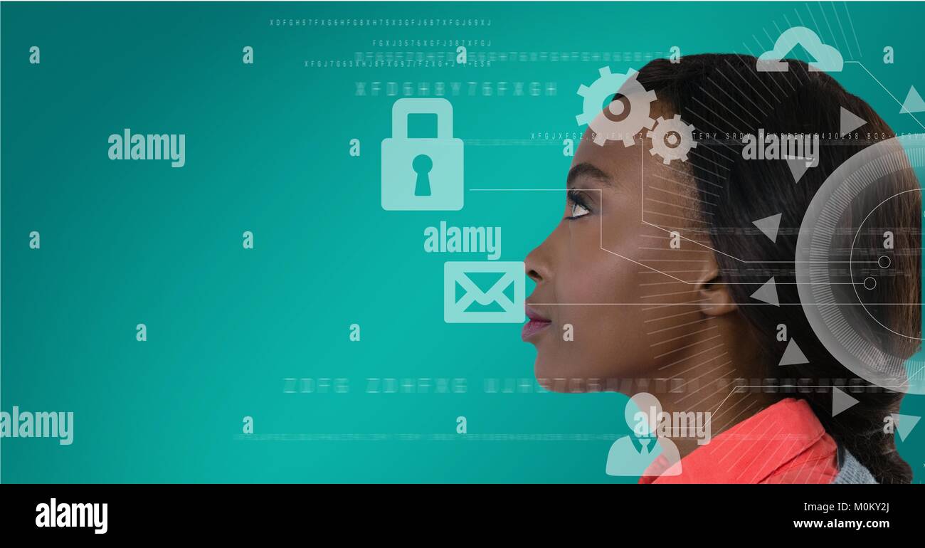 Woman with interface overlay over head Stock Photo - Alamy