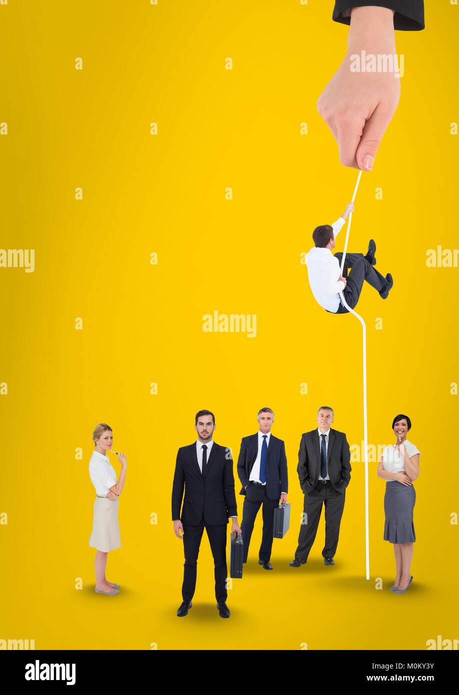 Hand choosing a man with a rope on a yellow background with business ...