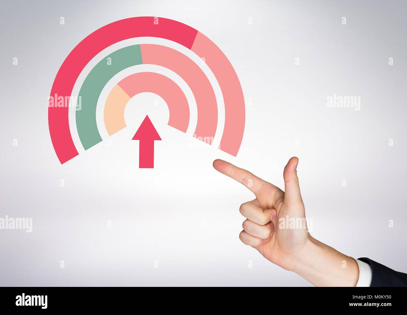 Hand pointing with colorful chart statistics and arrow Stock Photo - Alamy
