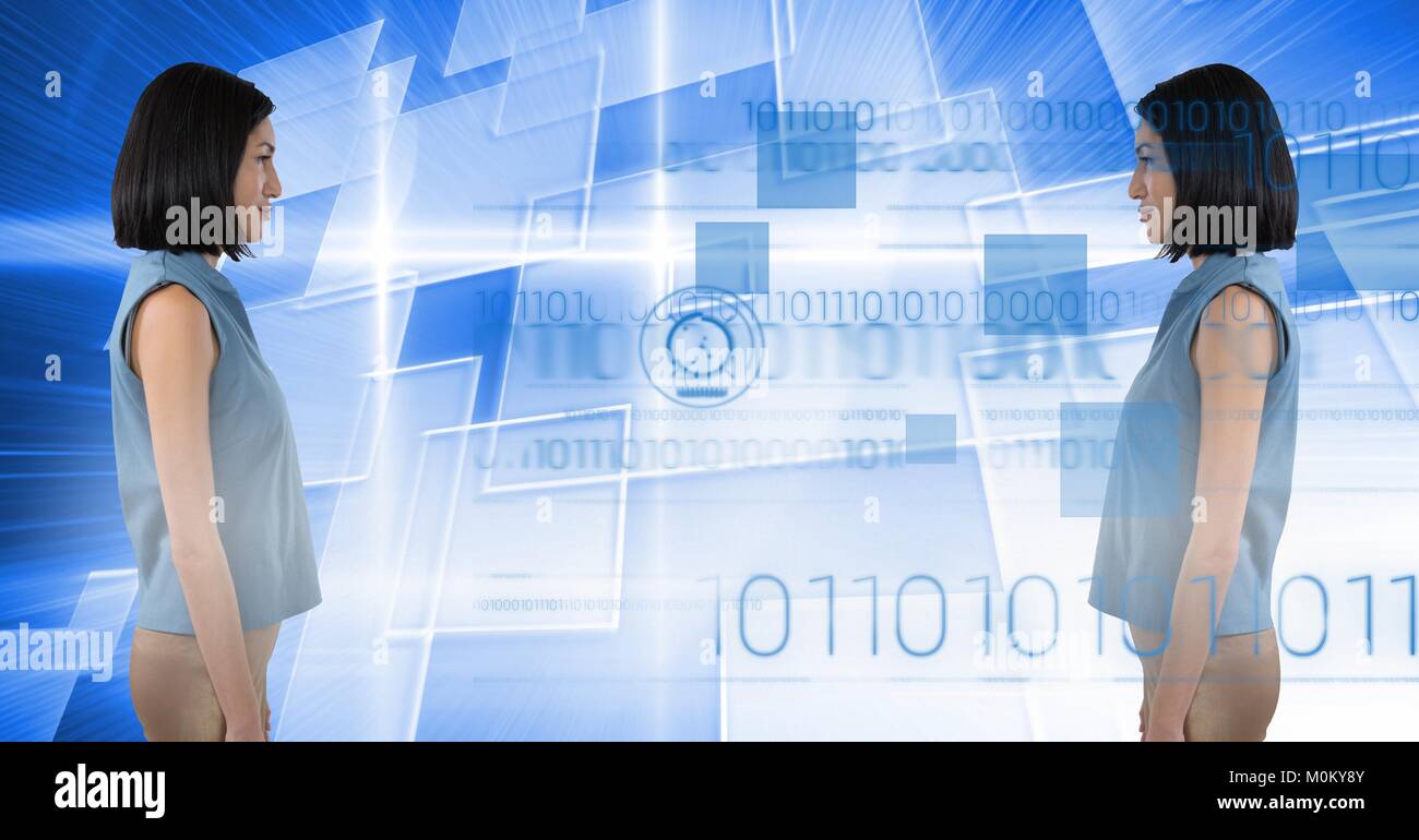 Woman looking at digital version of herself Stock Photo - Alamy