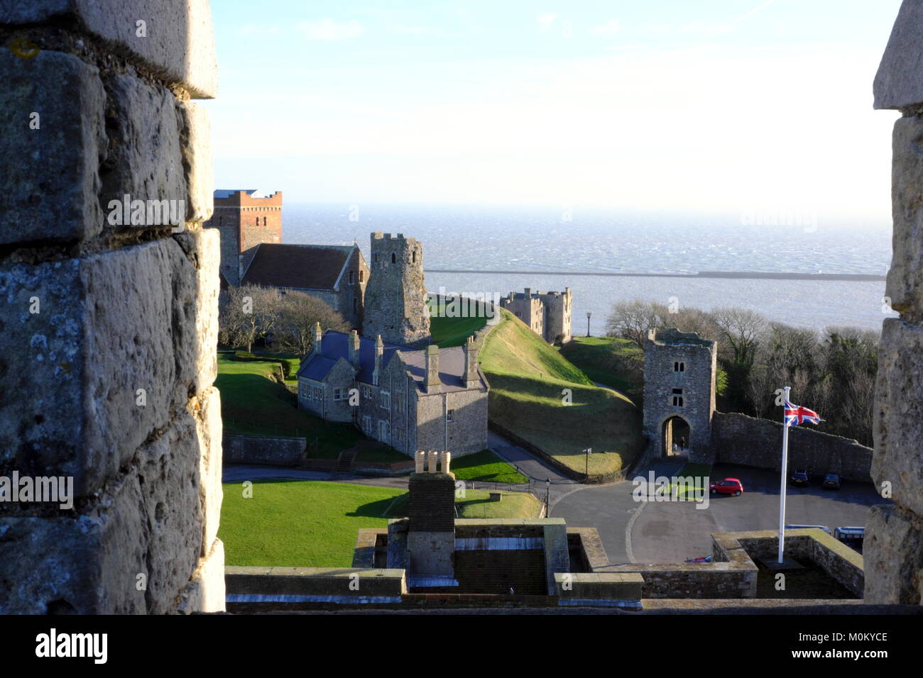 Dover Castle built by Henry 2nd in 1180. Through the battlements to ...
