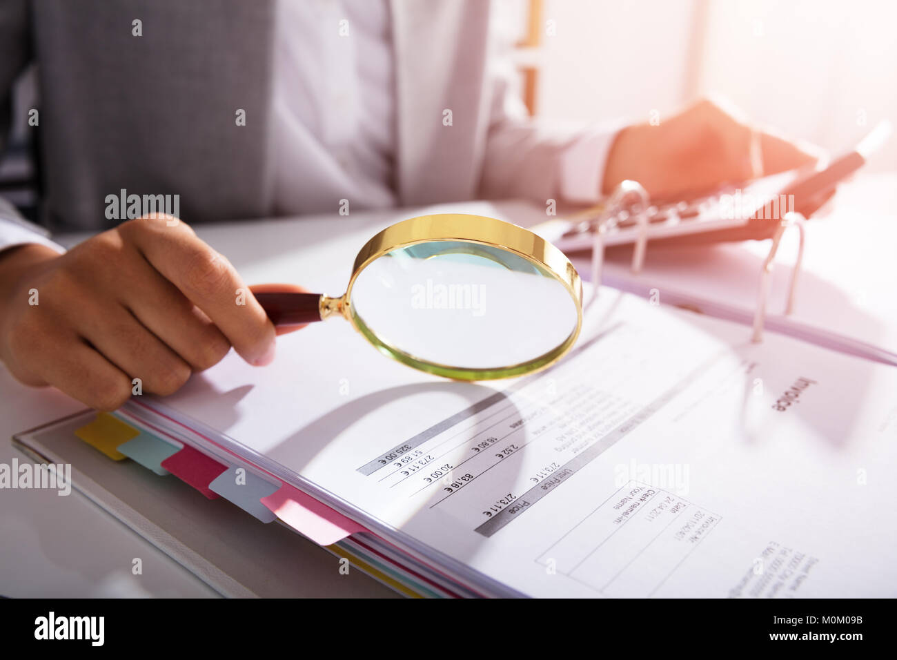 Photo Of Businesswoman Analyzing Invoice With Magnifying Glass Stock ...