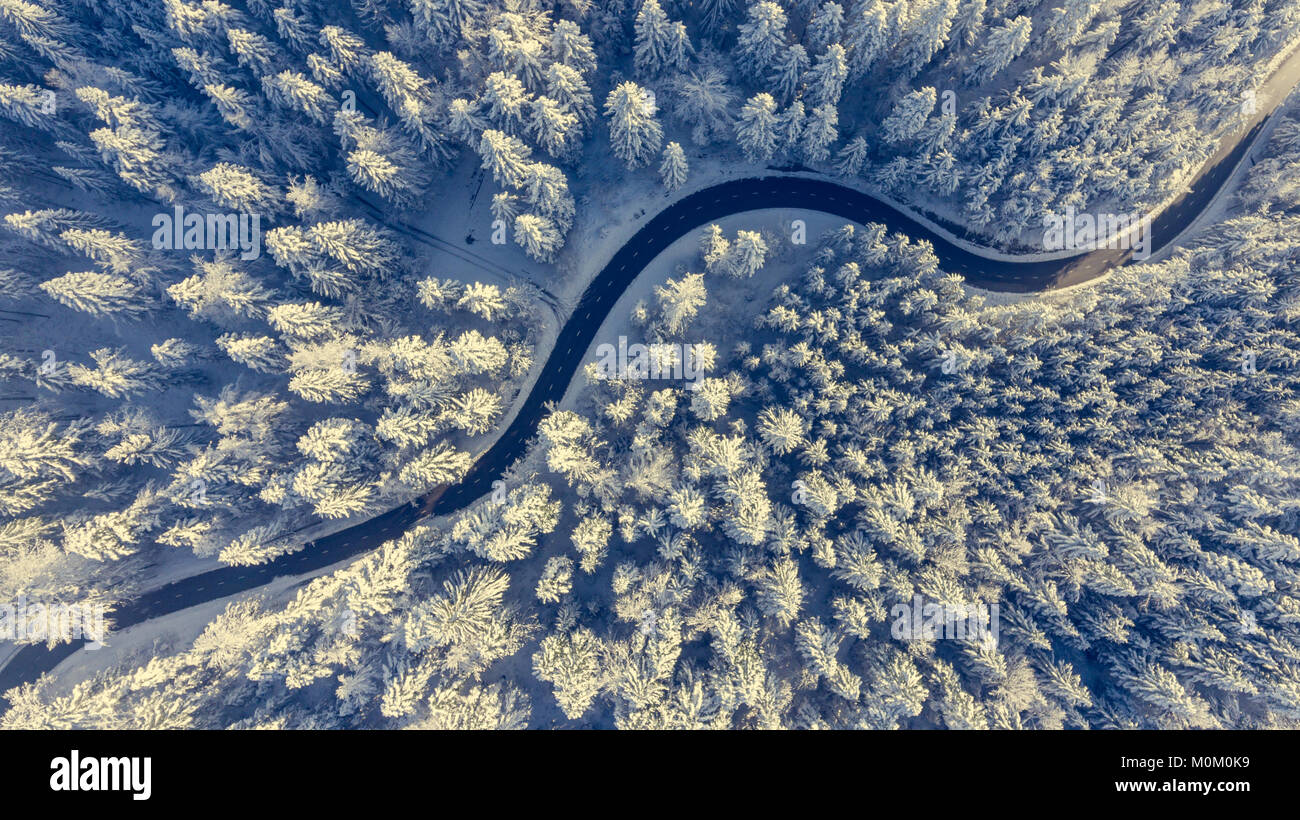 Winding road through a winter forest. Aerial view Stock Photo - Alamy