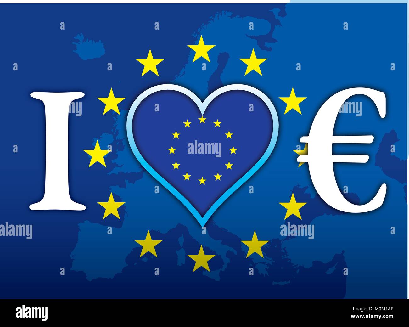 I Love Europe and Euro currency, illustration with flag, map and heart ...