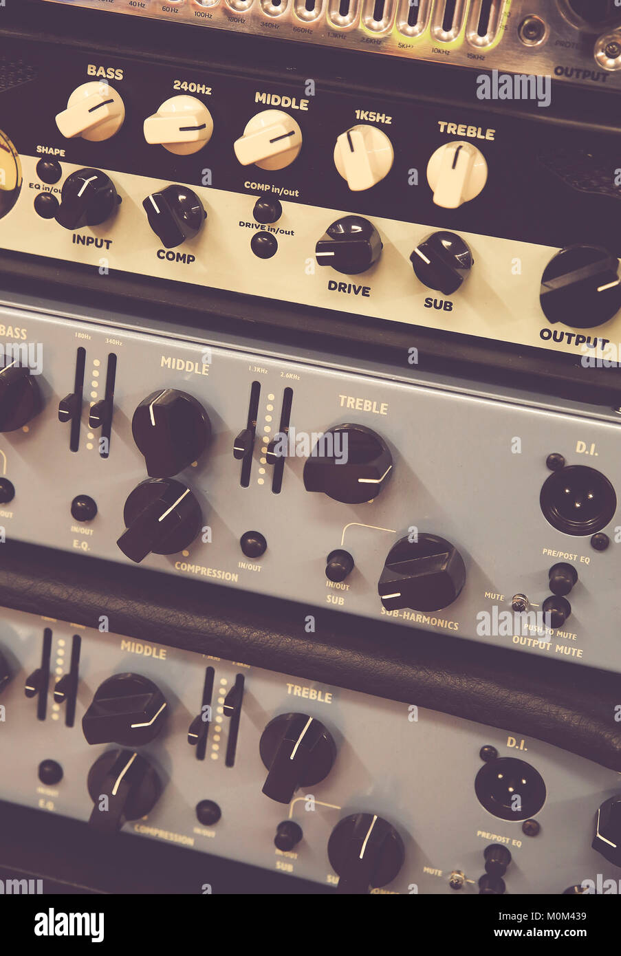 Digital mixer sliders used to adjust the sound of musical instruments ...