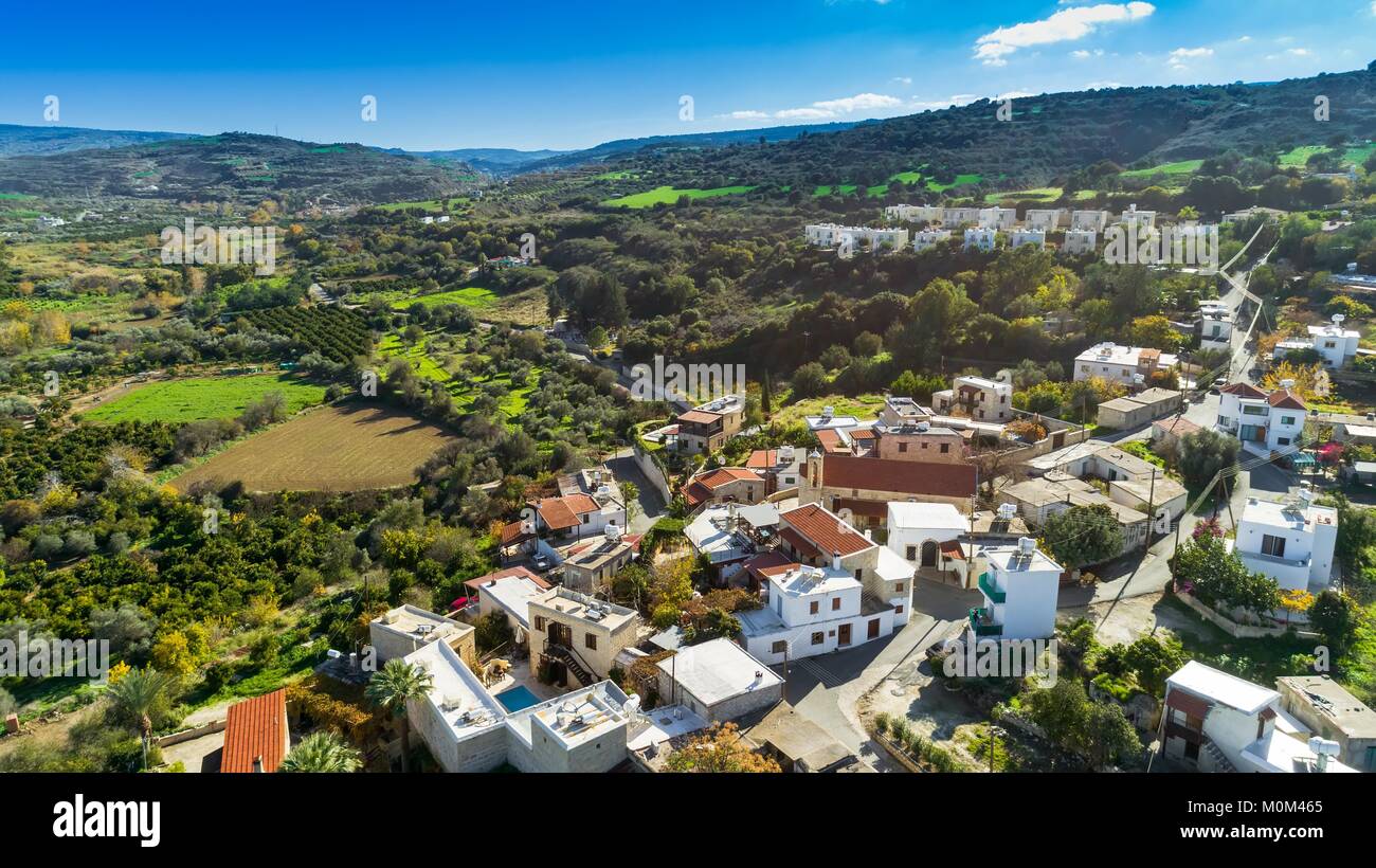 Aerial bird eye view of Goudi village in Polis Chrysochous valley ...